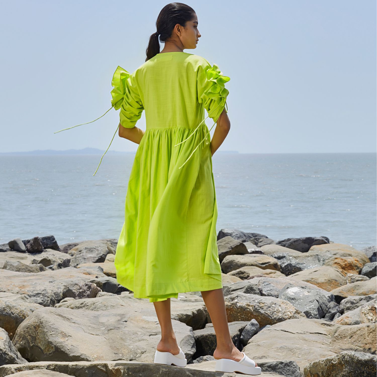 Buy Neon Green Ruffle Sleeve Dress For Women | Indyverse