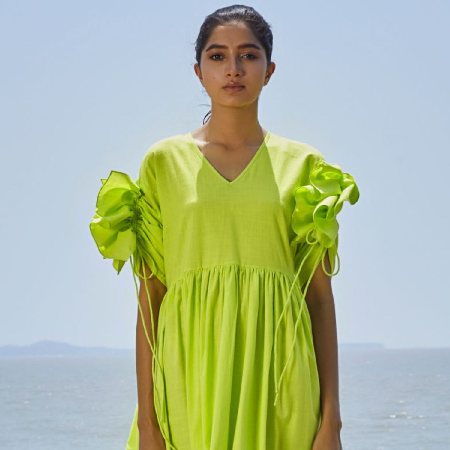 Buy Neon Green Ruffle Sleeve Dress For Women | Indyverse